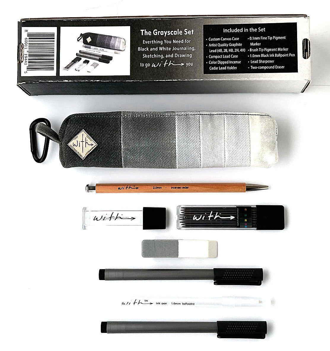 With Grayscale 2mm Pencil, Lead & Pen Set, W/Canvas Case