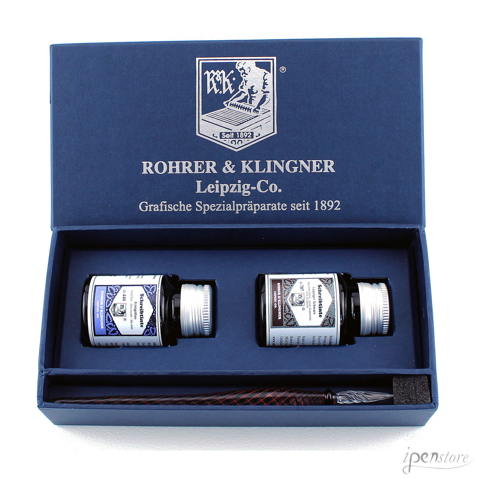 Rohrer & Klingner Writing Set, Royal Blue & Black Inks w/Glass Dip Pen