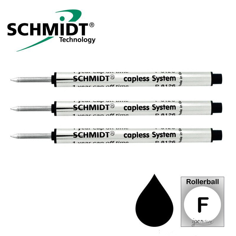 Pk/3 Schmidt P8126 Short Capless Rollerball Refill, Black, Fine 0.6 mm